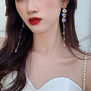 fxmimior Long Tassels Butterfly Earrings Dainty Silver Drop Earrings Statement Charm Earring Purple Rhinestones Crystals Body Jewelry for Women