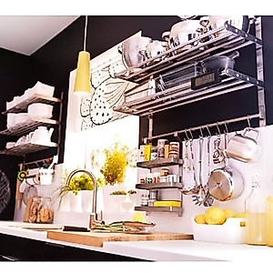 QQOUTLET Stainless Steel Kitchen Organizer Set 31.5" for Hanging Pots and Pans Set and Lid Organizer, Silver (2X Shelf, 2X Rail, 30 Hooks)