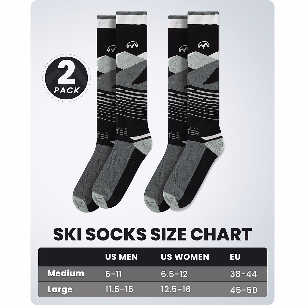 OutdoorMaster Ski Socks, 2-Pair Pack Skiing and Snowboarding Thermal Socks for Men with Non-Slip Cuff Design, Geometric Patterns - Black, Large