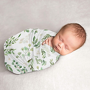 Sweet Jojo Designs Floral Leaf Baby Boy or Girl Swaddle Blanket Jersey Stretch Knit for Newborn or Infant Receiving Security - Green White Boho Watercolor Botanical Flower Woodland Tropical Garden