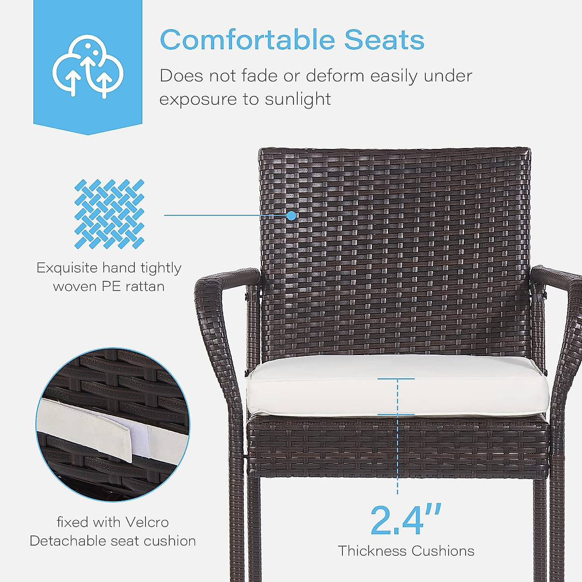 PayLessHere 30" Patio Bar Stools Set of 2 Wicker Outdoor Bar Chairs Rattan Chairs All-Weather Patio Furniture with Footrest Armrest and Khaki Cushion for Garden Pool Lawn Backyard, Brown