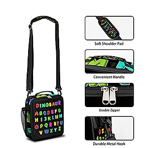 cfpolar Insulated Lunch Bag, Cute Dinosaur Alphabet Lunch Box Wide Opened Tote Reusable Lunch Container Organizer Thermal Cooler Bag with Shoulder Strap for School Office Picnic Hiking Beach Fishing