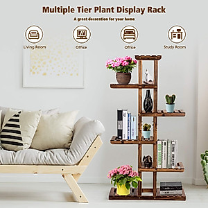 Giantex Flower Rack Wood Plant Stand 7 Wood Shelves 11 Pots Bonsai Display Shelf Indoor Outdoor Yard Garden Patio Balcony Living Room Multifunctional Storage Rack Bookshelf W/Hollow-Out Rack