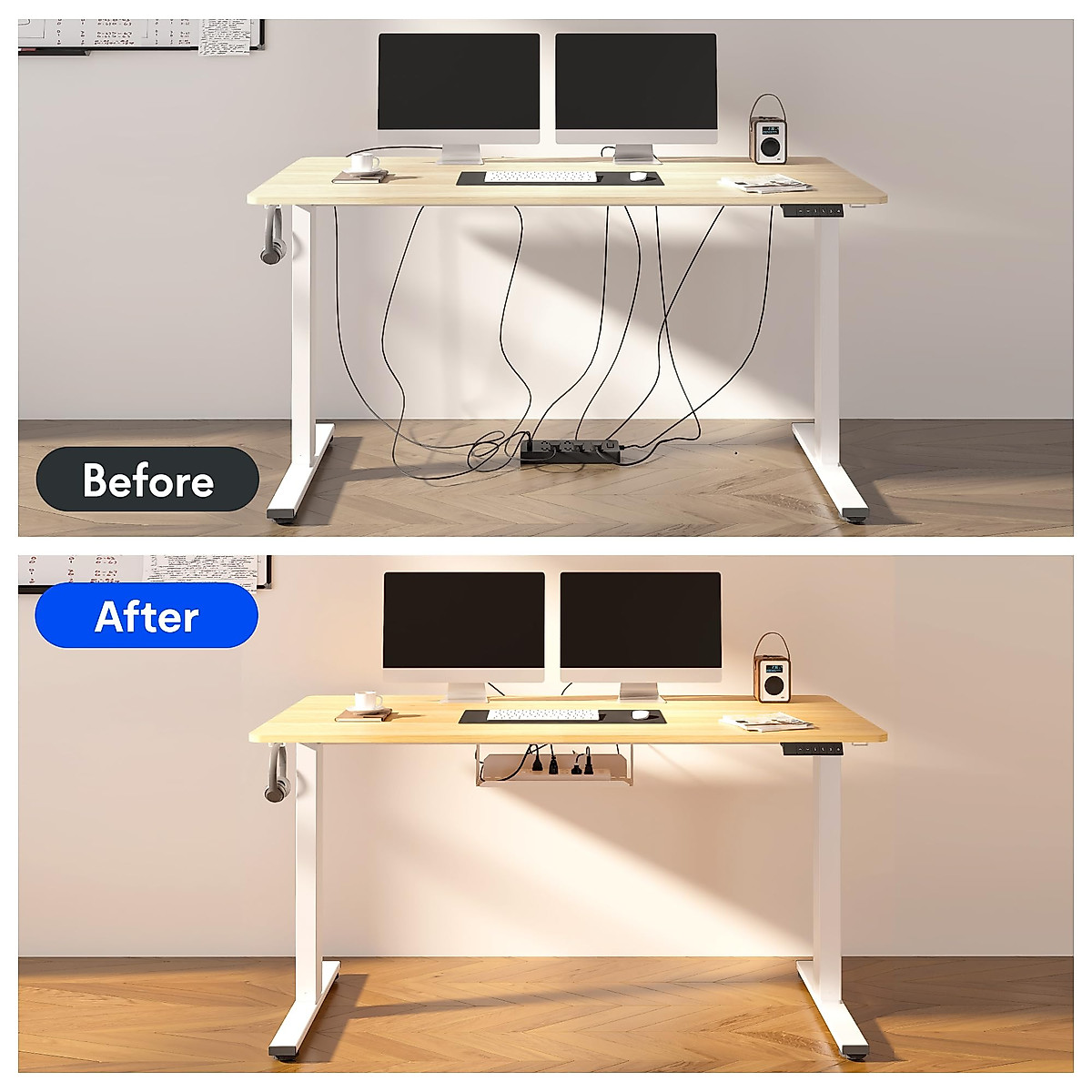 FLEXISPOT EN2 Whole-Piece Standing Desk with Clamp Power Strip, 55 x 28 Electric Stand Up Height Adjustable Desk with Cable Management (Black Frame + 55" Maple Top, 2 Packages)