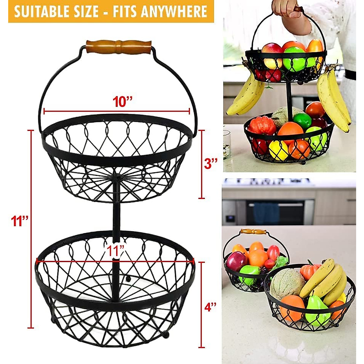 2 Tier Fruit basket for kitchen countertop with 4 banana hangers, Detachable, Large Capacity & Thick Wire construction, Fruit and vegetable bowl, fruit and vegetable storage, snacks, bread and more.