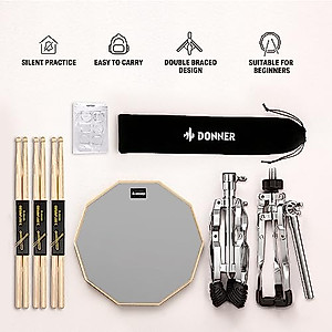 Donner Snare Drum Stand Set with Drum Practice Pad, 12'' Double-sided Silent Drum Pad set, Drumsticks, Backpack Adjustable Stand Fits 10''-14'' Dia Drums