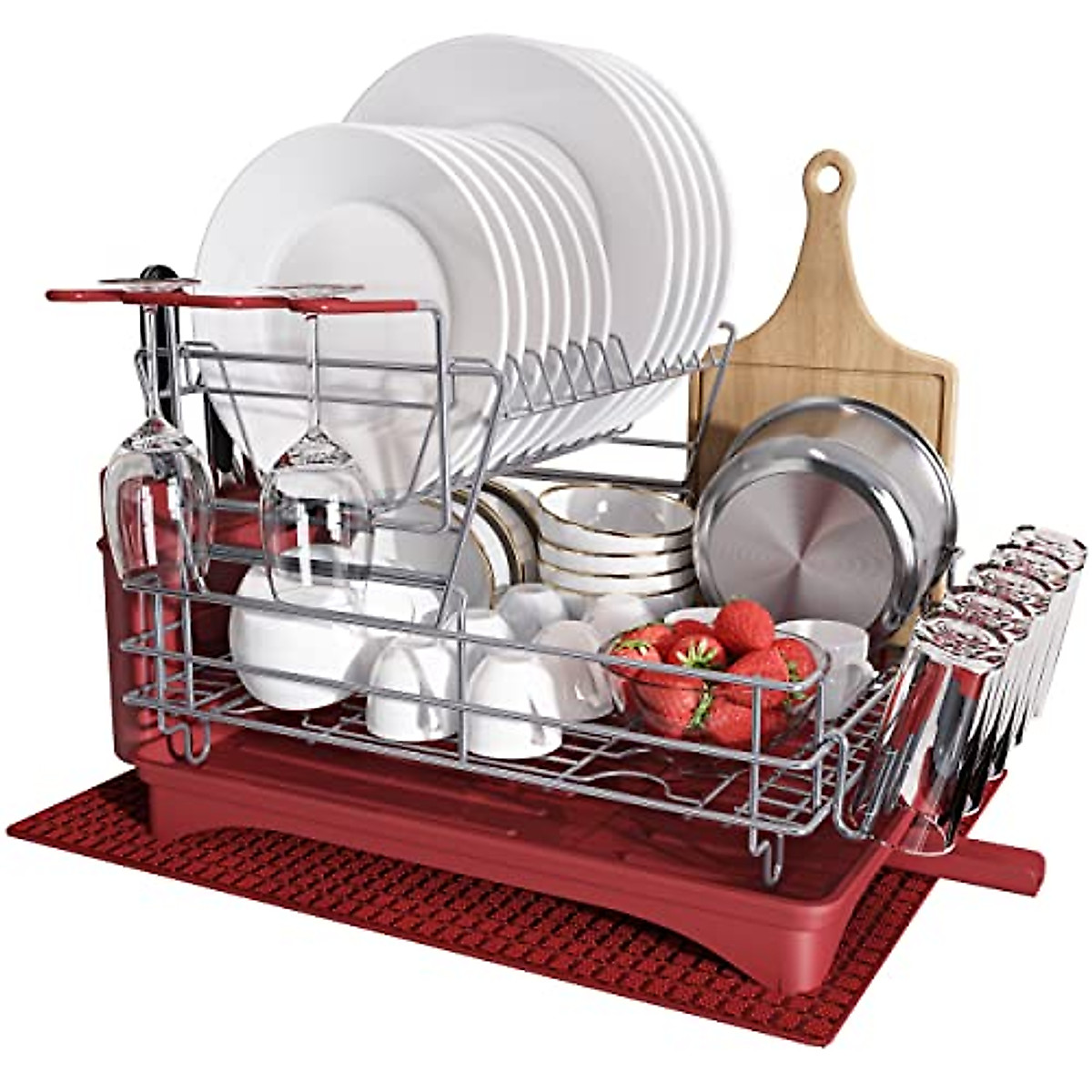 Qienrrae Large Dish Drying Rack with Drainboard Set, Stainless Steel Dish Rack with Drainage, Wine Glass Holder, Utensil Holder and Extra Dryer Mat, 2 Tier Dishes Rack for Kitchen Counter, Red