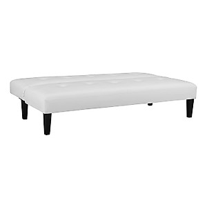 Naomi Home White Faux Leather Convertible Futon Sofa Bed, Button Tufted, 3 Positions, Small Couch Bed with Wooden Legs, 58 lbs, 500 lbs Capacity