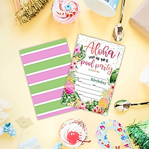 AWSICE Pool Party Birthday Invitations, Aloha Tropical Double-Sided Fill-In Invite Cards For Birthday Party, 20 Invitations With Envelopes, Decorations,Party Favor And Supply-A38