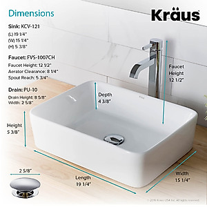 KRAUS 19-inch Modern Rectangular White Porcelain Ceramic Bathroom Vessel Sink and Ramus Faucet Combo Set with Pop-Up Drain, Chrome C-KCV-121-1007CH