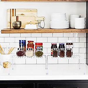 Kitchen Cabinet Storage Shelf Rack/Plastic Feet - (13.1 x 10.2 Inch) - Steel Metal - Rust Resistant Finish - Cups, Dishes, Cabinet & Pantry Organization (4, White)