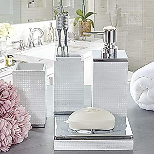 Creative Scents White Bathroom Accessories Set - 4 Piece Bathroom Set with Silver Base - Decorative Bathroom Accessory Set Includes: Soap Dispenser, Toothbrush Holder, Soap Dish and Tumbler (Estella)