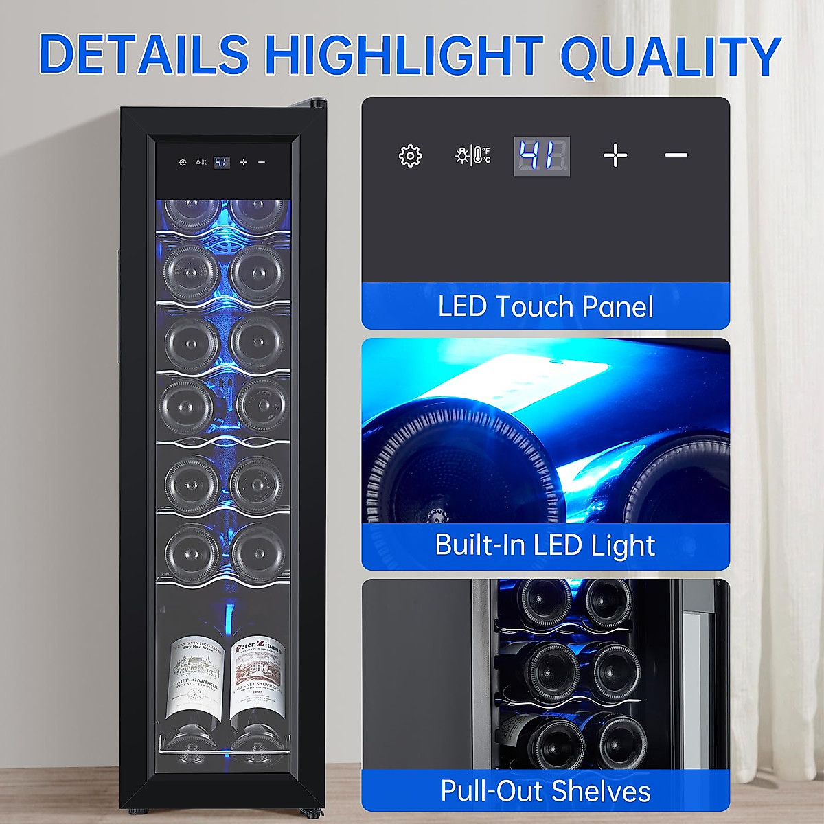 Takywep Mini Wine Fridge 14 Bottle, Wine Cooler Temperature Adjustment Range 41~64°F, Wine Fridge Small with Triple Pane Clear Glass Door, Wine Coolers for Home