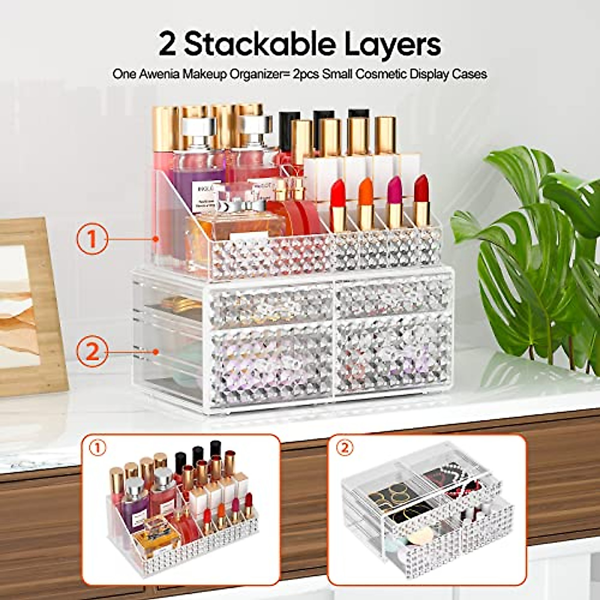 Awenia Makeup Organizer with Drawers[Upgraded]-Acrylic Make up Organizers and Storage Case for Cosmetics,Perfume,Jewelry Display, Vanity and Bathroom Accessories (Clear-4 Drawers)