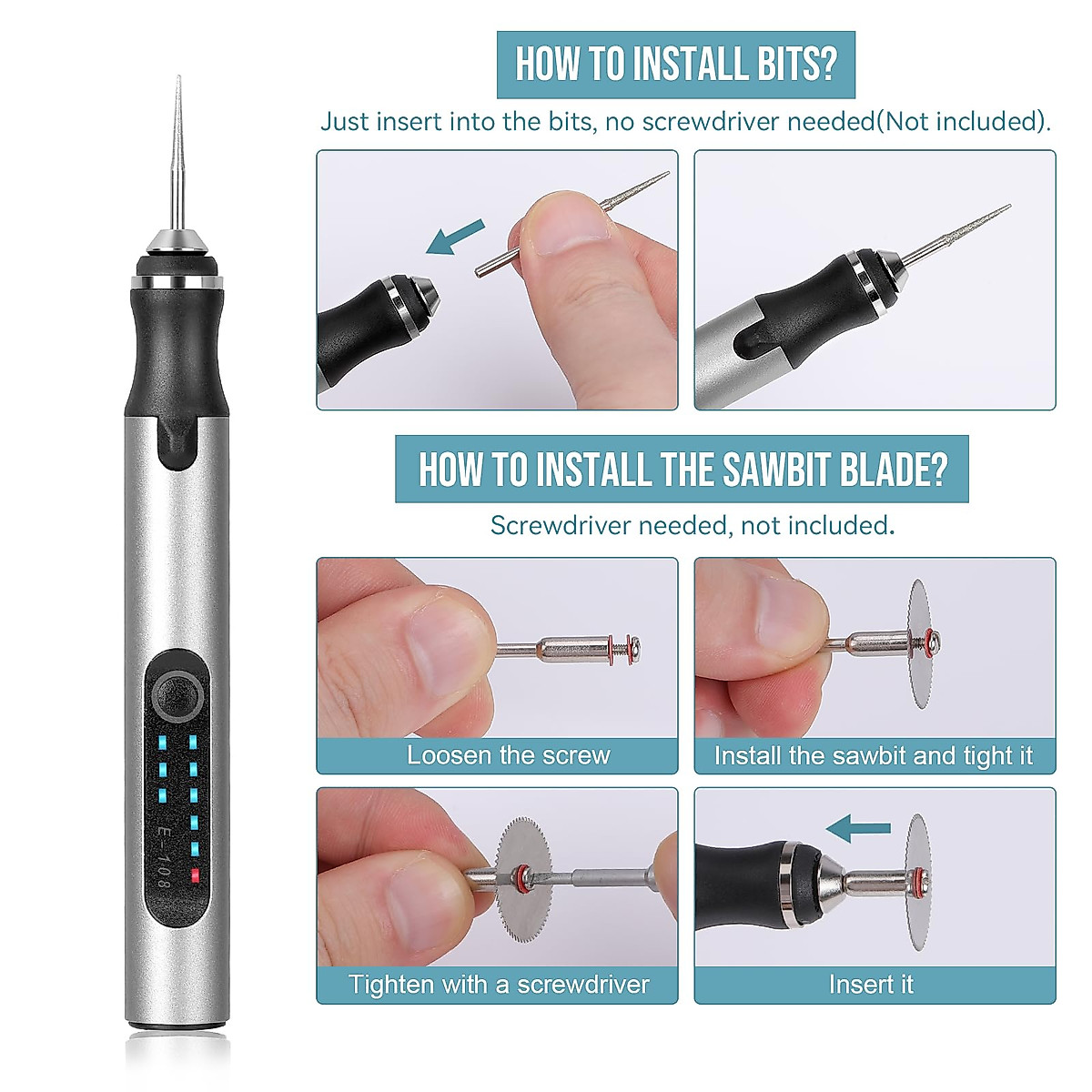 HOTROSE Electric Engraving Pen with 37 Bits, USB Rechargeable Cordless Engraving Machine, Portable DIY Rotary Engraver for Jewelry Wood Glass Stone Carving (Silver)