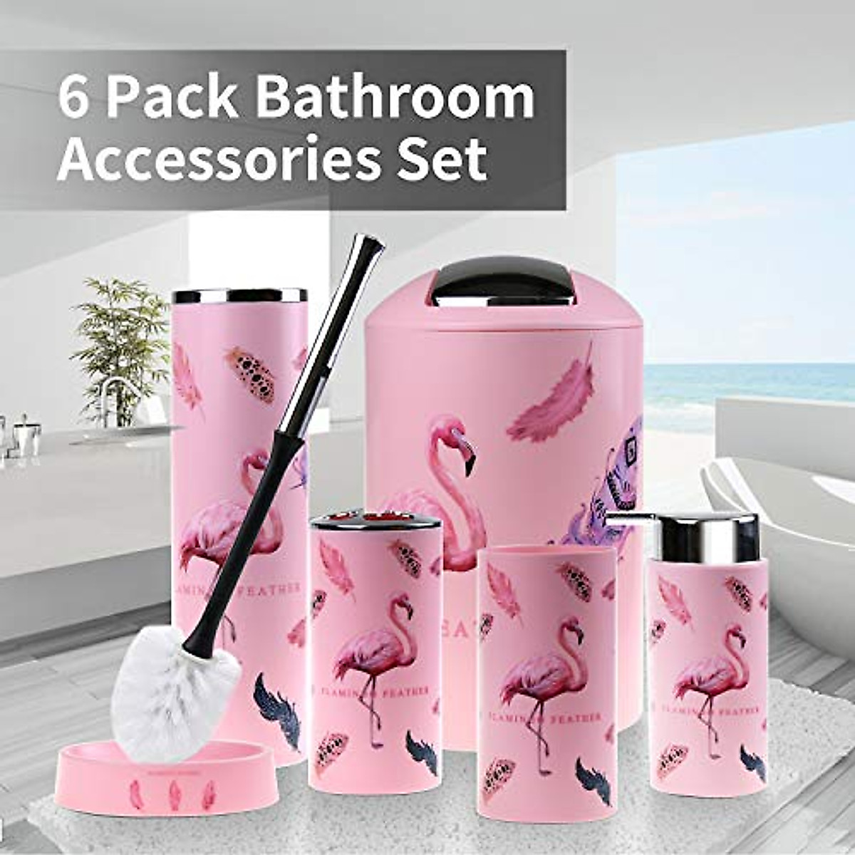 Newthinking Bathroom Accessories Set, Bathroom Set with Trash Can, Include Soap Dish and Soap Dispenser, Toothbrush Holder Set and Toilet Brush and Holders, Pink Flamingo