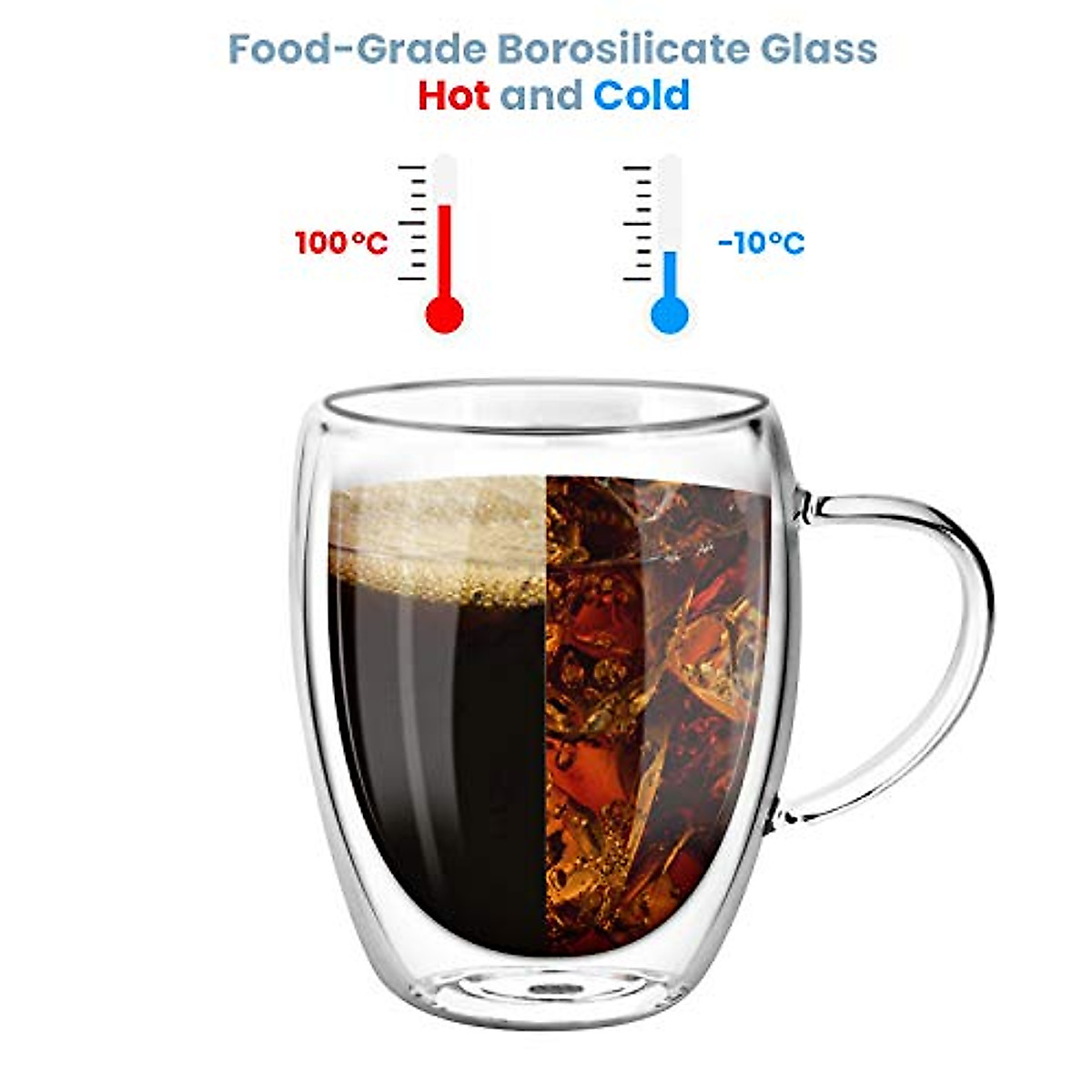 Top-spring Double Wall Glass Coffee Mugs, Clear Glass Coffee Cups with Handles - Set of 4 Double Wall Insulated Coffee Mug Tea Latte Espresso Cups (12oz, Clear)