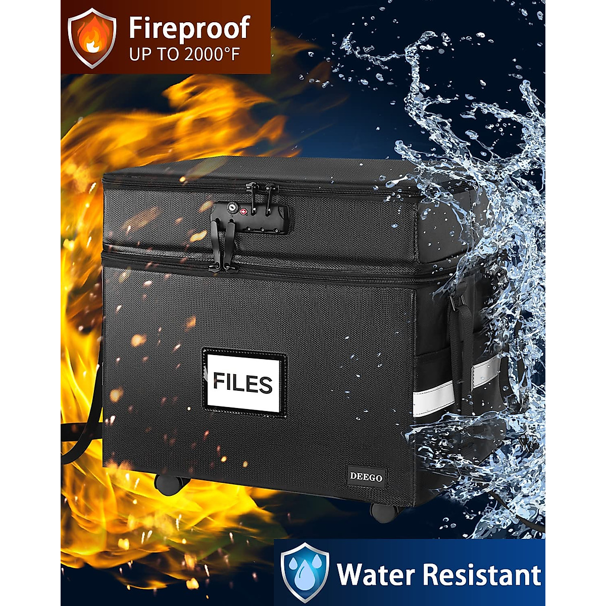 DEEGO Rolling File Box, Fireproof Document Box with Wheels Multi-Layer Water-Resistant File Organizer Portable file Cabinet Document Safe filing box for Home Office for Hanging Letter/Legal Folder