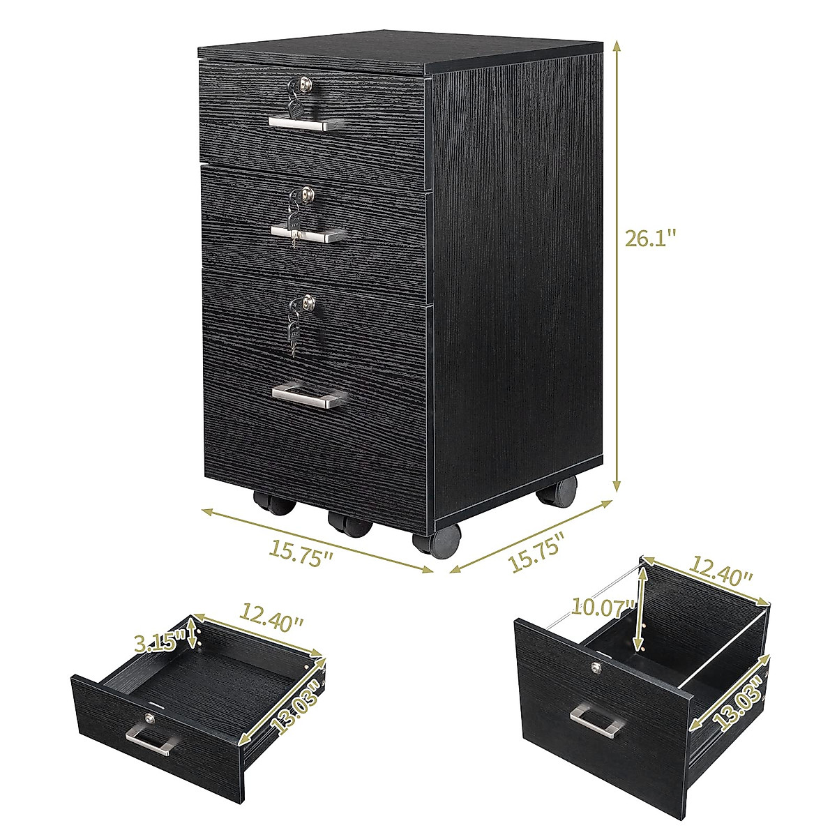 Bonnlo 26" H 3 Drawer File Cabinet with Lock, Rolling File Cabinet Under Desk, Mobile File Cabinets for Home Office, Wood Black File Cabinet Printer Stand for Letter Size Hanging/Manila File Folders