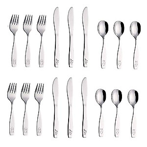 ANNOVA Children's Flatware 18 Pieces Set - Stainless Steel Cutlery/Silverware 6 x Safe Forks, 6 x Dinner Knife, 6 x Dinner Spoons - Safe Kids Toddler Utensils Lunch Box (Engraved Dog Cat Bunny)