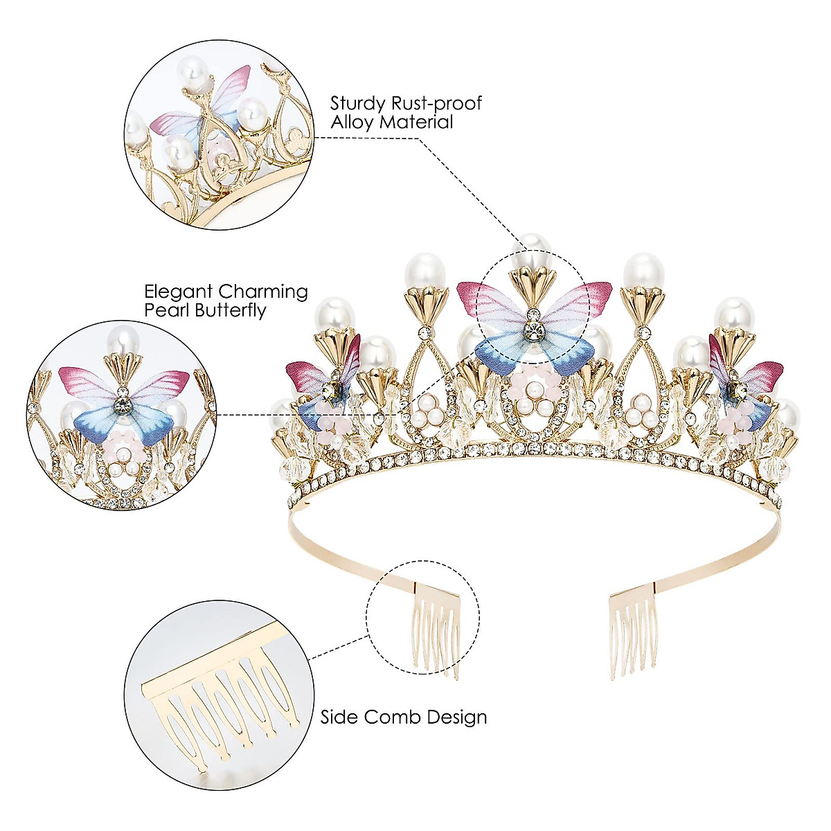 Makone Girls Tiara Butterfly Princess Crown with Comb Gold Pearl Headband Rhinestone Hair Accessories for Halloween Birthday Wedding Bridal Prom Christmas Gifts