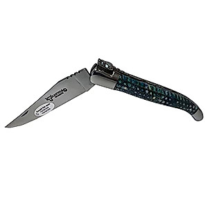 Laguiole en Aubrac Handmade Luxury Folding Pocket Knife, 4.8-in (12cm), Turquoise & Black Paper Waves Handle, Hand Forged Bee, Stainless Steel Shiny Bolsters