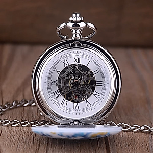 Whodoit Unique Design Blue and White Porcelain Flower Pocket Watches Roman Number Mechanical Pocket Watches