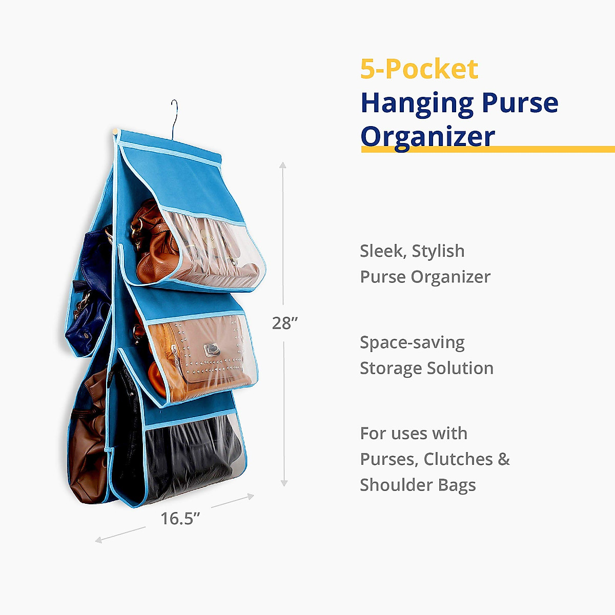 OrganizeME Bag Hanging Organizer for Closet Clear Handbag Organizer for Purses, Handbags Etc. 5 Easy Access Clear Vinyl Pockets with 360 Degree Swivel Hook 2 Pack