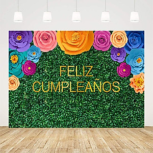 AIBIIN 7x5ft Feliz Cumpleaños Backdrop Mexican Fiesta Encanto Happy Birthday Party Photography Background Greenery Floral Green Leaves Mexico Cinco De Mayo Carnival Bday Cake Table Decoration Banner