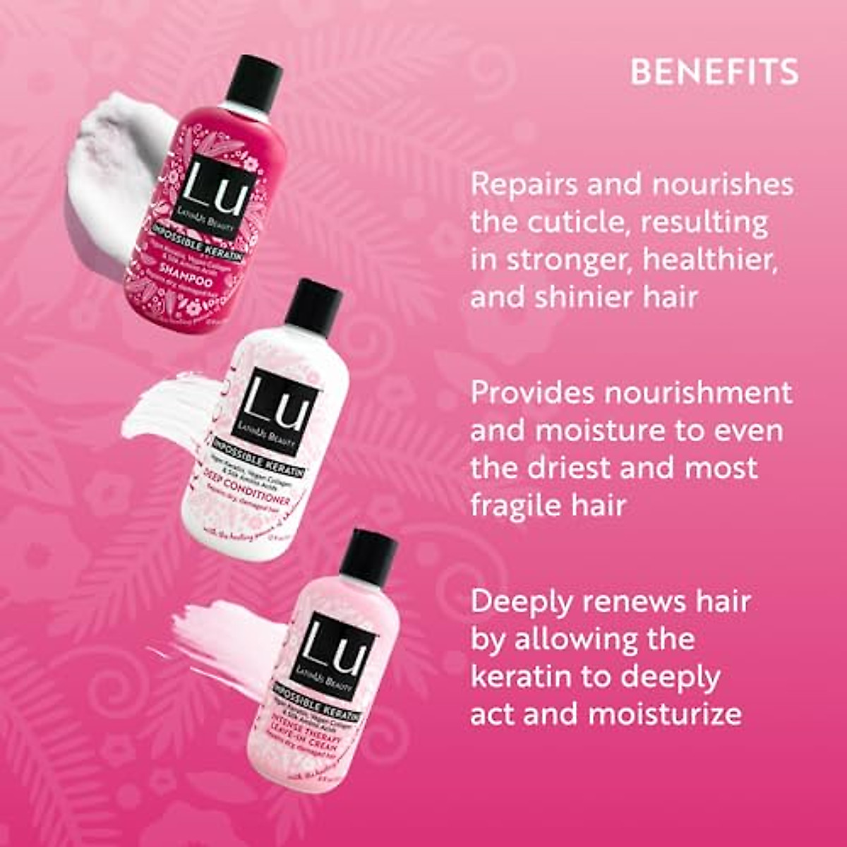 LATINUS BEAUTY RESCUE Collection, Impossible Keratin Anti-Frizz Shampoo (12 oz) + Conditioner (12 oz) + Leave-In Cream (8 oz) for Dry, Damaged Hair