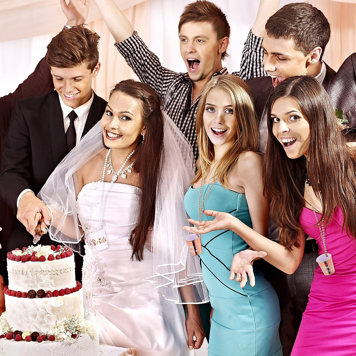 12 Packs Team Bride and Bride Shot Necklace Glass Bachelorette Party Decorations Bridesmaid Gifts Gold Foil Bachelorette Party Necklace Shot Glasses with Beads Chain for Wedding Party (Rose Gold)