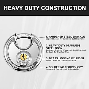 Vervida Keyed Padlock Stainless Steel Disc Lock with 3 Keys, 3/8 Inch Shackle 70mm, Heavy Duty Lock Outdoor Waterproof Storage Lock for Warehouse, Garage, Storage Locker, and Outdoors (1 Pack)