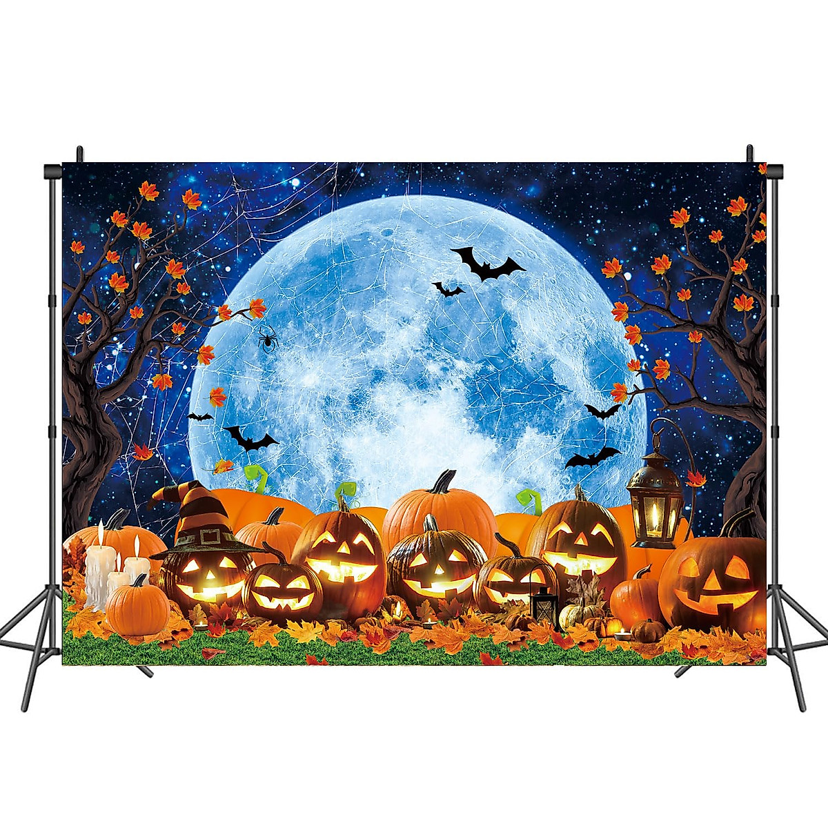 Halloween Backdrop for Photography 7x5FT Halloween Full Moon Night Background Horrible Pumpkin Lantern Maple Leaf Halloween Theme Baby Shower Birthday Party Decoration Photo Booth Props