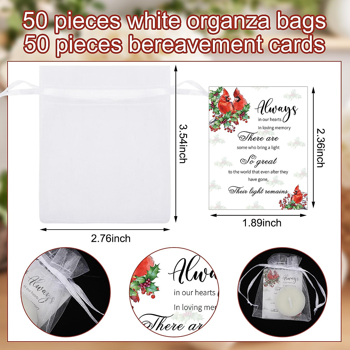 MTLEE 50 Set Funeral Favors White Unscented Memorial Tealight Candle Funeral Gift Candle with 50 Condolence Bereavement Cards and 50 Organza Bags for Guest Bereavement Celebration of Life Decoration