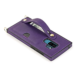 ONV Protective Case Compatible with Samsung Galaxy S9 Plus- Adjustable Crossbody Lanyard + Wrist Cash Pocket Wallet Leather Case Card Slot Stand Metal Close Cover for Samsung Galaxy S9 Plus[WD]-Violet