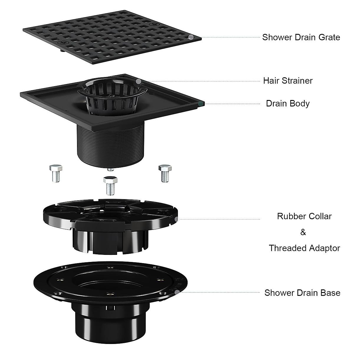 4-1/4" Square Shower Floor Drain with Black Matte Strainer(Checkered