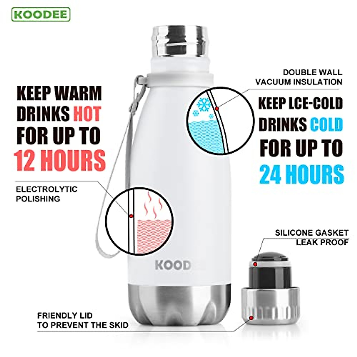 koodee Water Bottle-9 oz Stainless Steel Double Wall Vacuum Insulated Water Bottle, Cola Shape Leak Proof Sports Bottle for School (White)