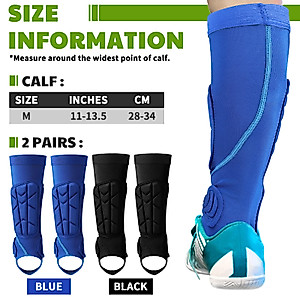 2 Pairs Soccer Football Shin Guards Shin Pads Protective Kids Soccer Ankle Guards Protector Kids Football Gear Equipment with Lower Leg and Ankle Guards Pads for 6-12 Boys Girls Teenagers, Blue Black
