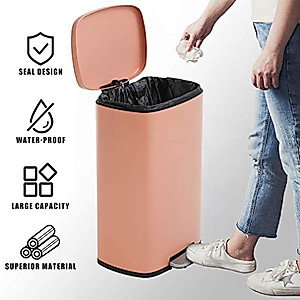 FDW Kitchen Trash Can with Lid for Office Bedroom Bathroom Step Trash Bin Fingerprint-Proof Brushed Stainless Steel Garbage Can 13 Gallon / 50 Liter, Pink