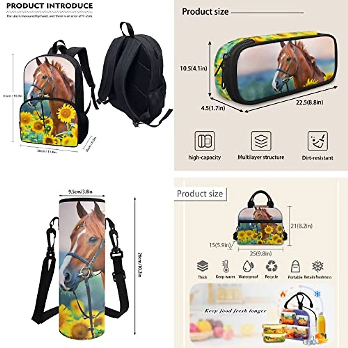 POLERO Sunflower Horse School Backpack for Girls Insulated Lunch Case Crossbody Water Bottle Cover School Pencil Holder Pen Bags
