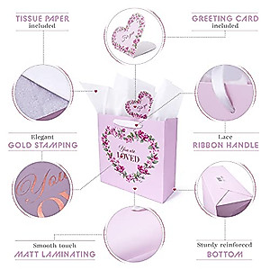 Gift Bag Set You are loved, Medium 9.4" Gift Bag With Tissue Paper, Romantic Card, And Ribbon Handles (Pink, Floral Heart, Love), Valentine's Day, Mothers Day