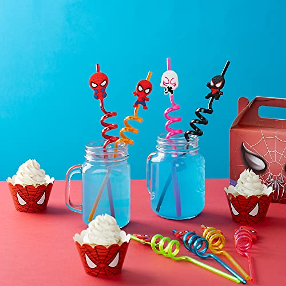 NITELUO 24Pcs Spiderman Birthday Party Supplies Reusable Drinking Straws,8 Designs Spider Party Favors with 2 Cleaning Brush