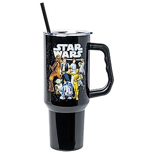Silver Buffalo Star Wars Featuring Chewbacca, Yoda, R2-D2, C-3PO, Princess Leia, Han Solo, and Luke Skywalker Stainless Steel Tumbler with Handle and Straw, Fits in Standard Cup Holder, 40 Ounces