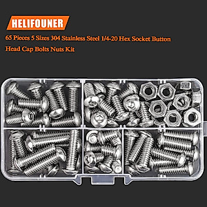 HELIFOUNER 65 Pieces 5 Sizes 304 Stainless Steel 1/4-20 x 3/8" 1/2" 5/8" 3/4" 1" UNC Thread Button Head Socket Cap Screws Bolts Kit