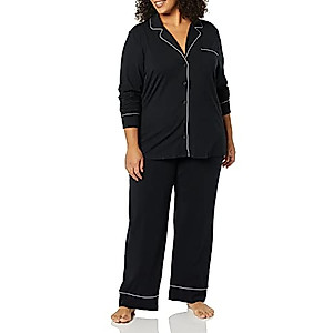 Amazon Essentials Women's Cotton Modal Long-Sleeve Shirt and Full-Length Bottom Pajama Set, Black, Small