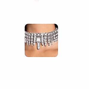 YERTTER Dainty Silver Full Rhinestone Chain Sparkly Collar Chain Choker Statement Tassel Crystal Choker Necklace Adjustable for Party Music Bar Women （Silver 4）