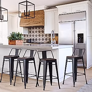 Alunaune 24” Metal Bar Stools Set of 4 Counter Height Barstools Industrial Counter Stool with Wood Top (Low Back,Matte Black)