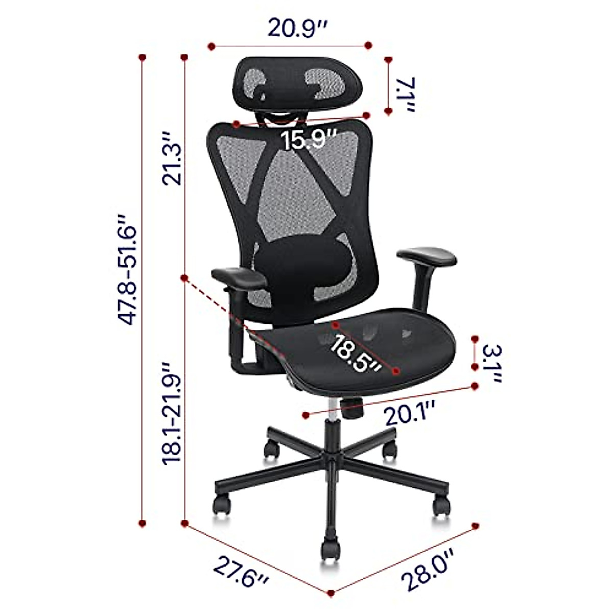 Mesh Office Chair, Ergonomic Office Chair with Adjustable Lumbar Support, Armrest, Headrest - Tilt High Back Desk Chair with Mute Wheel for Office, Home, Gaming