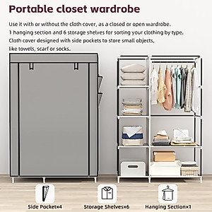 Calmootey Closet Storage Organizer,Portable Wardrobe with 6 Shelves and Clothes Rod,Non-Woven Fabric Cover with 4 Side Pockets,Grey