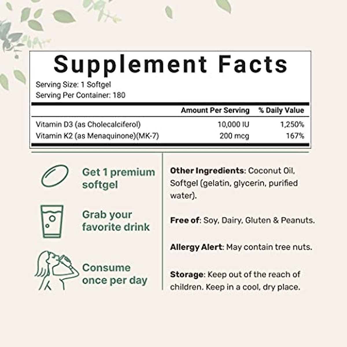 Vitamin D3 10000 iu Plus K2 (MK-7) 200 mcg, 180 Virgin Coconut Oil Softgels| 2 in 1 Vitamins D & K Complex | Supports Calcium Absorption, Bone, Immune, & Heart Health – Easy to Swallow